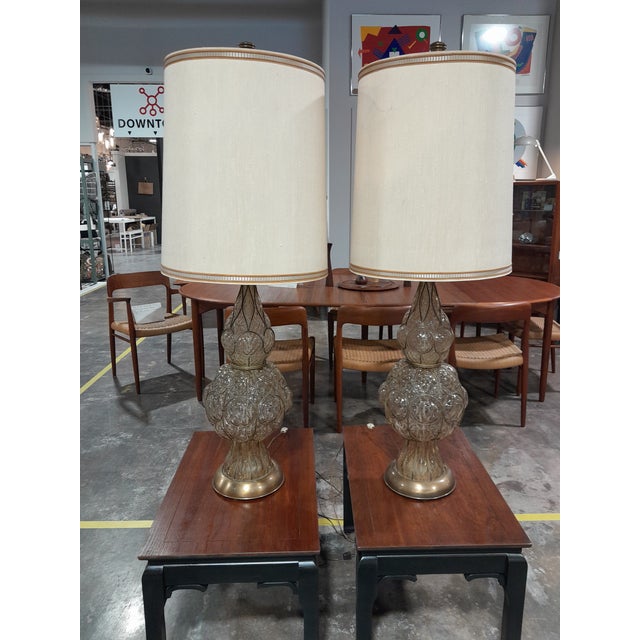 Pair of Vintage Italian Murano Bubble Glass Lamps With Original Shades ...