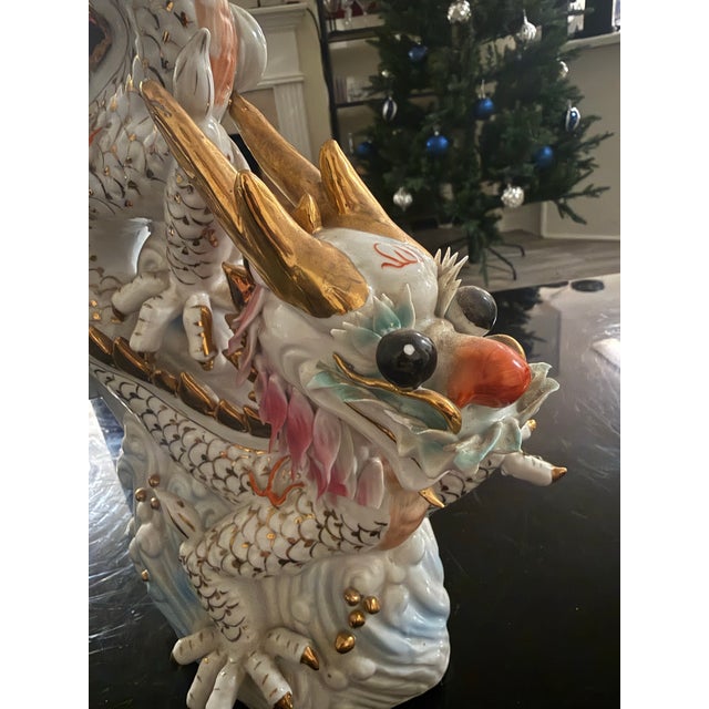 Vintage Chinese Porcelain Dragon Figurine White Gold 17in Tall | Chairish