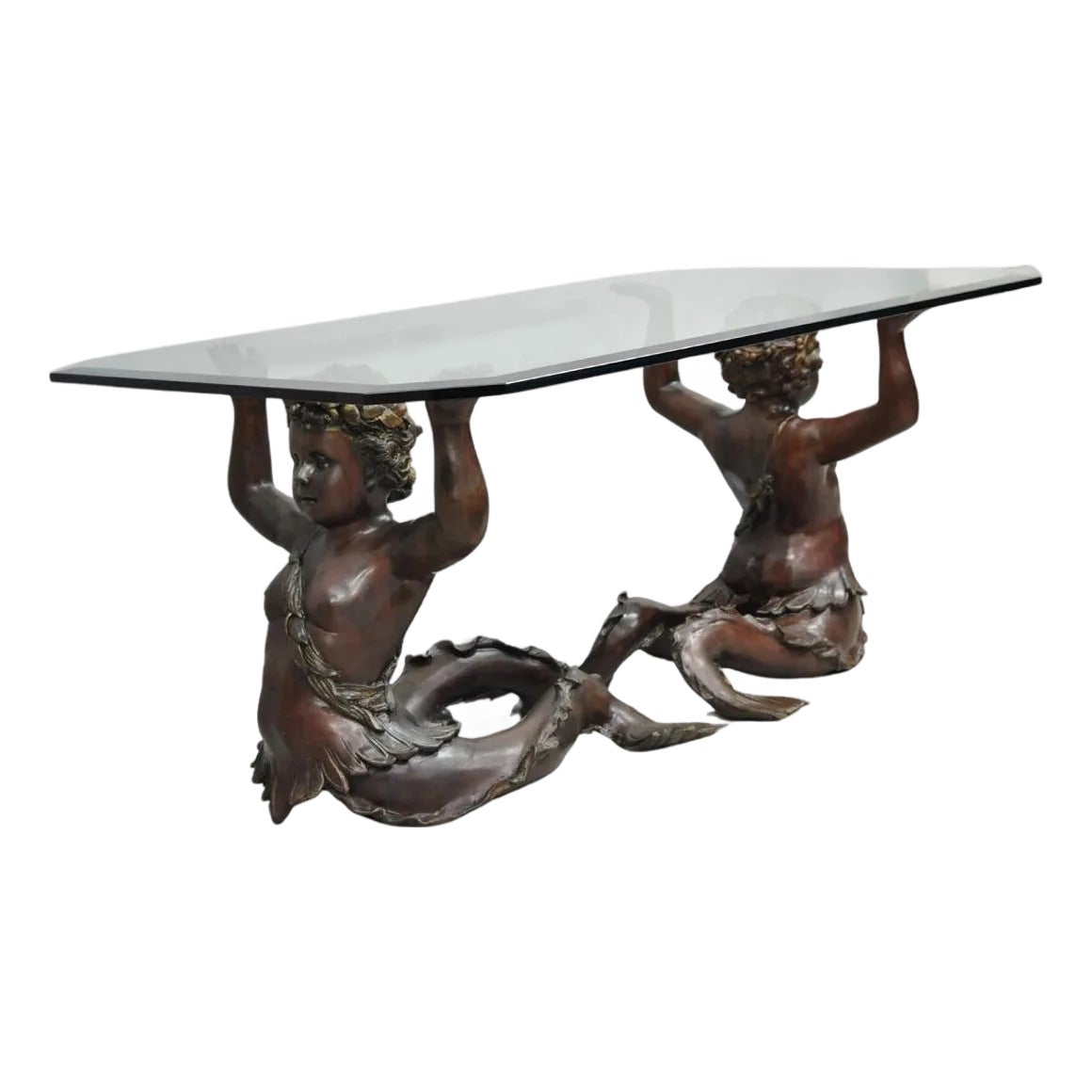 Vintage French Neoclassical Figural Bronze Merman Mermaid Glass Top ...