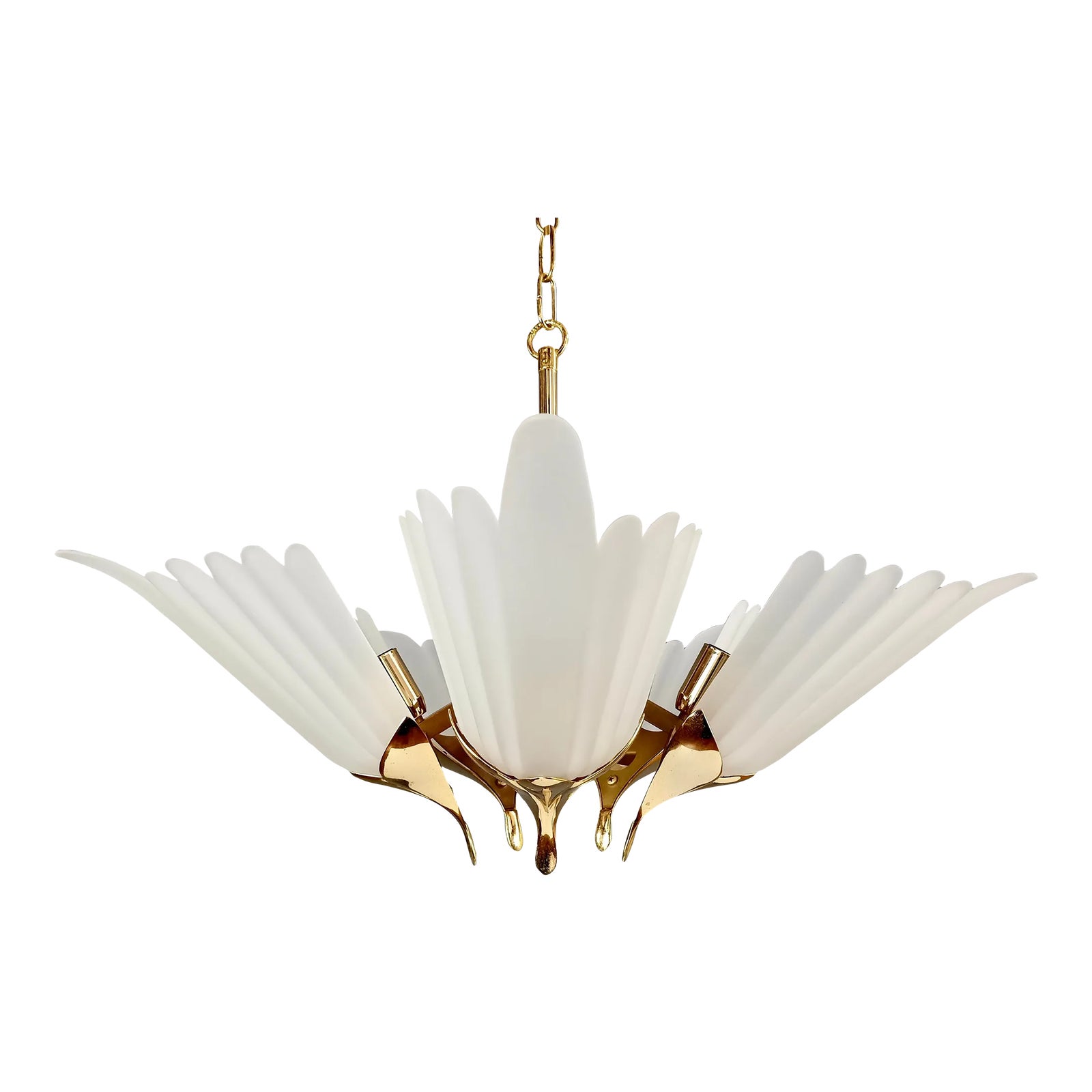 1980s F. Fabbian Five-Light Etched Glass Shades and Gilded Metal Frame ...