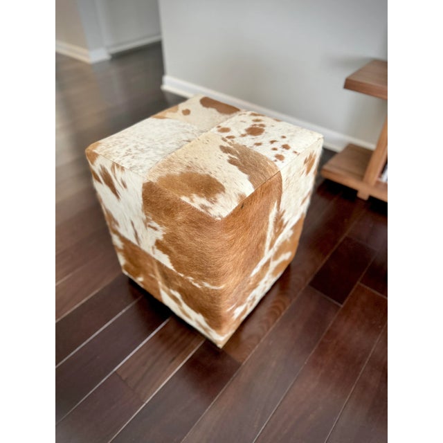 Brown and White Natural Cow Print Essex Stool Hair on Hide Leather by ...