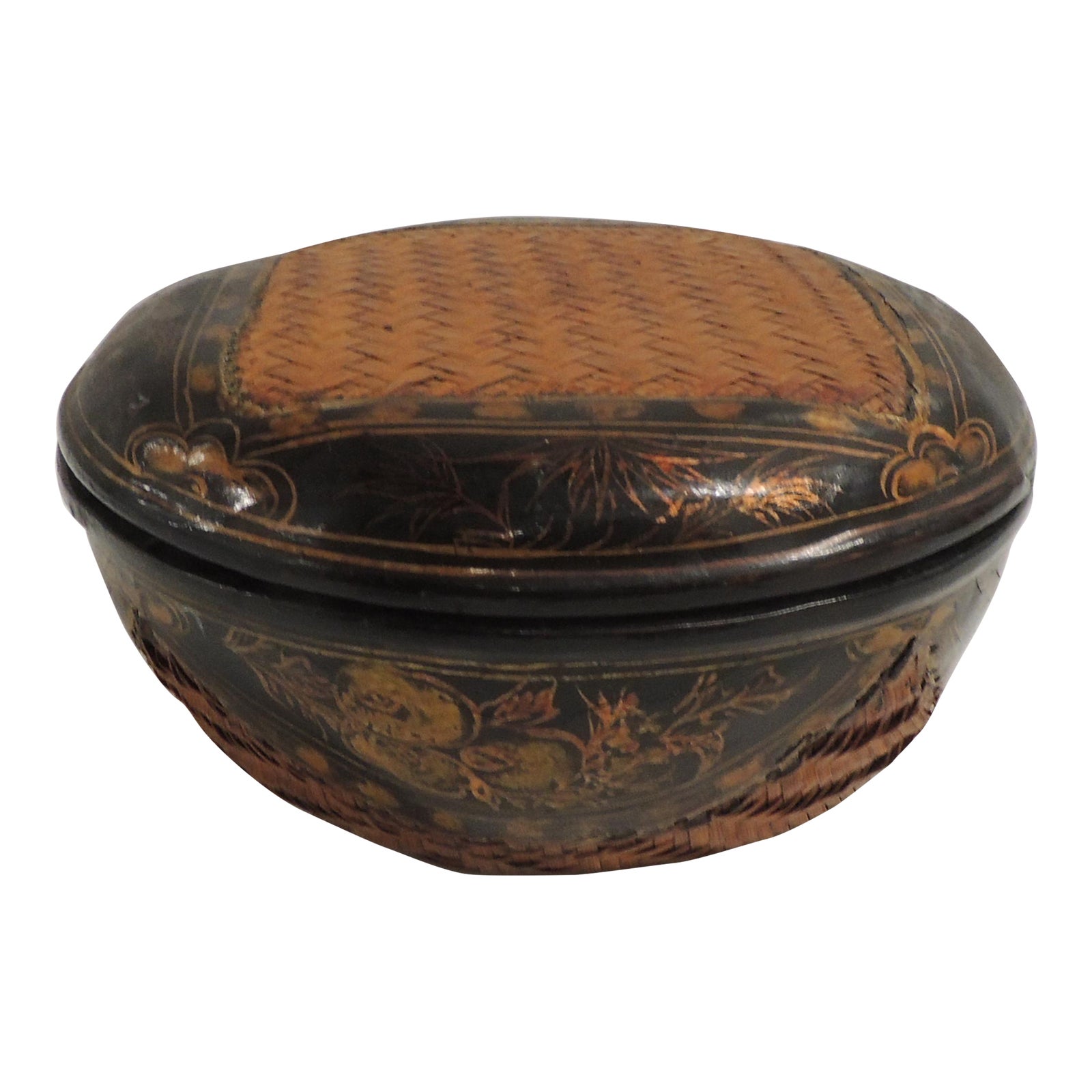 Vintage Woven Asian Round Decorative Box With Lid | Chairish