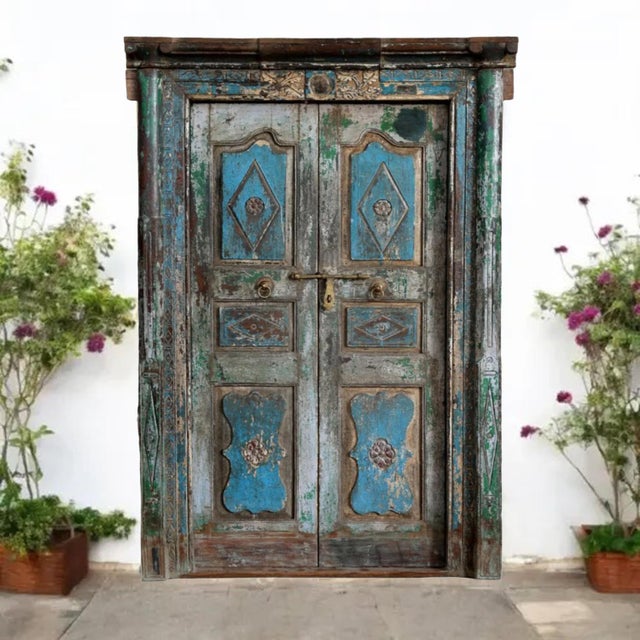 Antique Indian Door With Frame Blue Teak Exterior Doors | Chairish