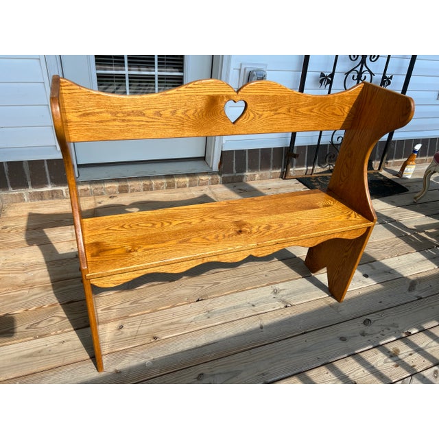 Antique Primitive Oak Bench Seat With a Heart Carved in the Backrest | Chairish