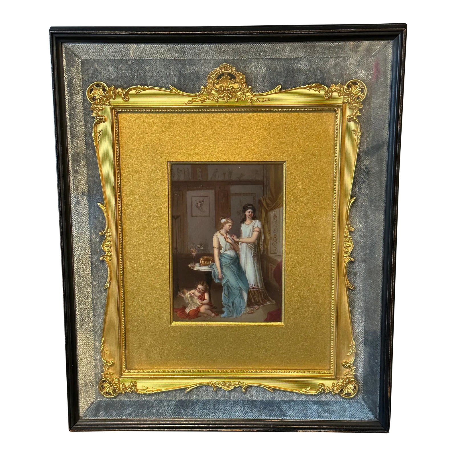 European Painting on Porcelain. Gilded Frame in Shadow Box. 19th ...