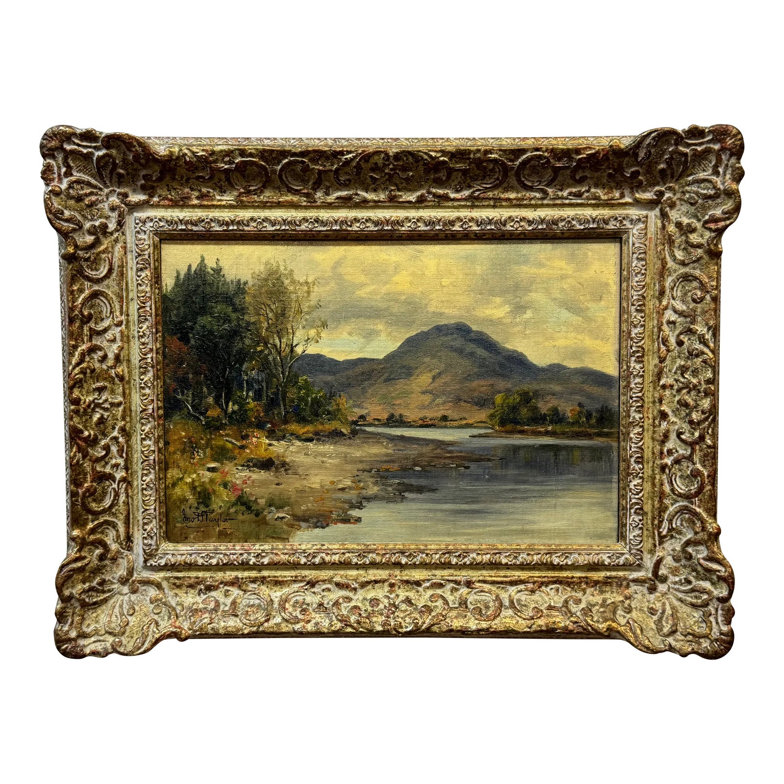 John D Taylor Beautiful Mountain Landscape Painting With River | Chairish