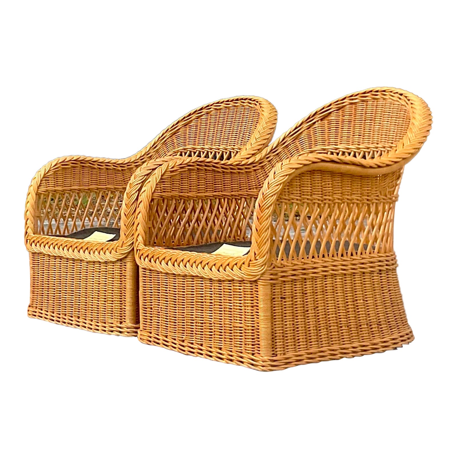 Vintage Coastal Henry Link Braided Rattan Lounge Chairs - a Pair | Chairish