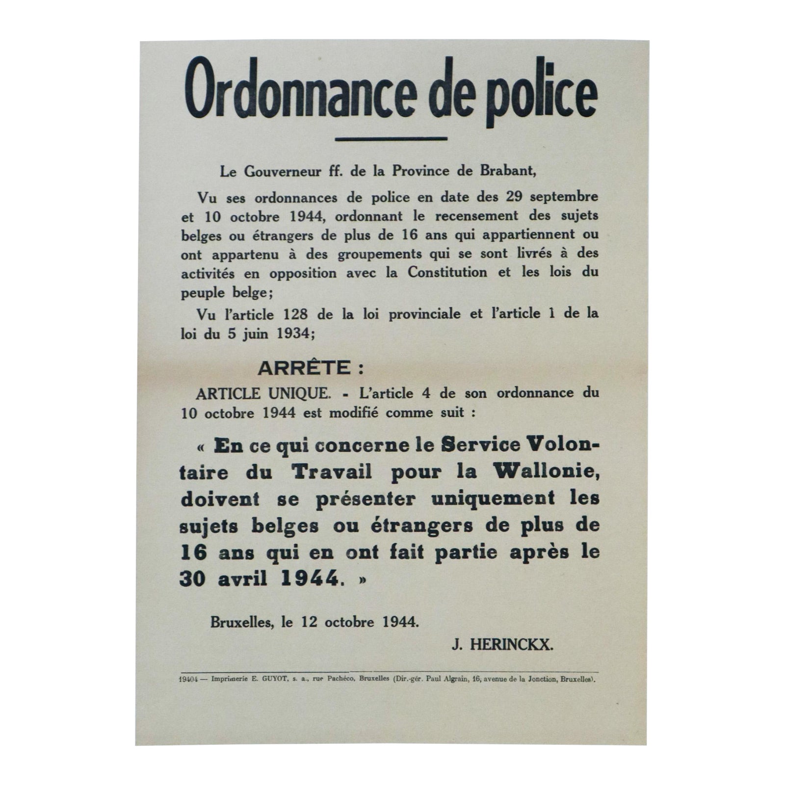 1944 Belgian Propaganda Poster - "Ordonnance De Police", Article 4 ...