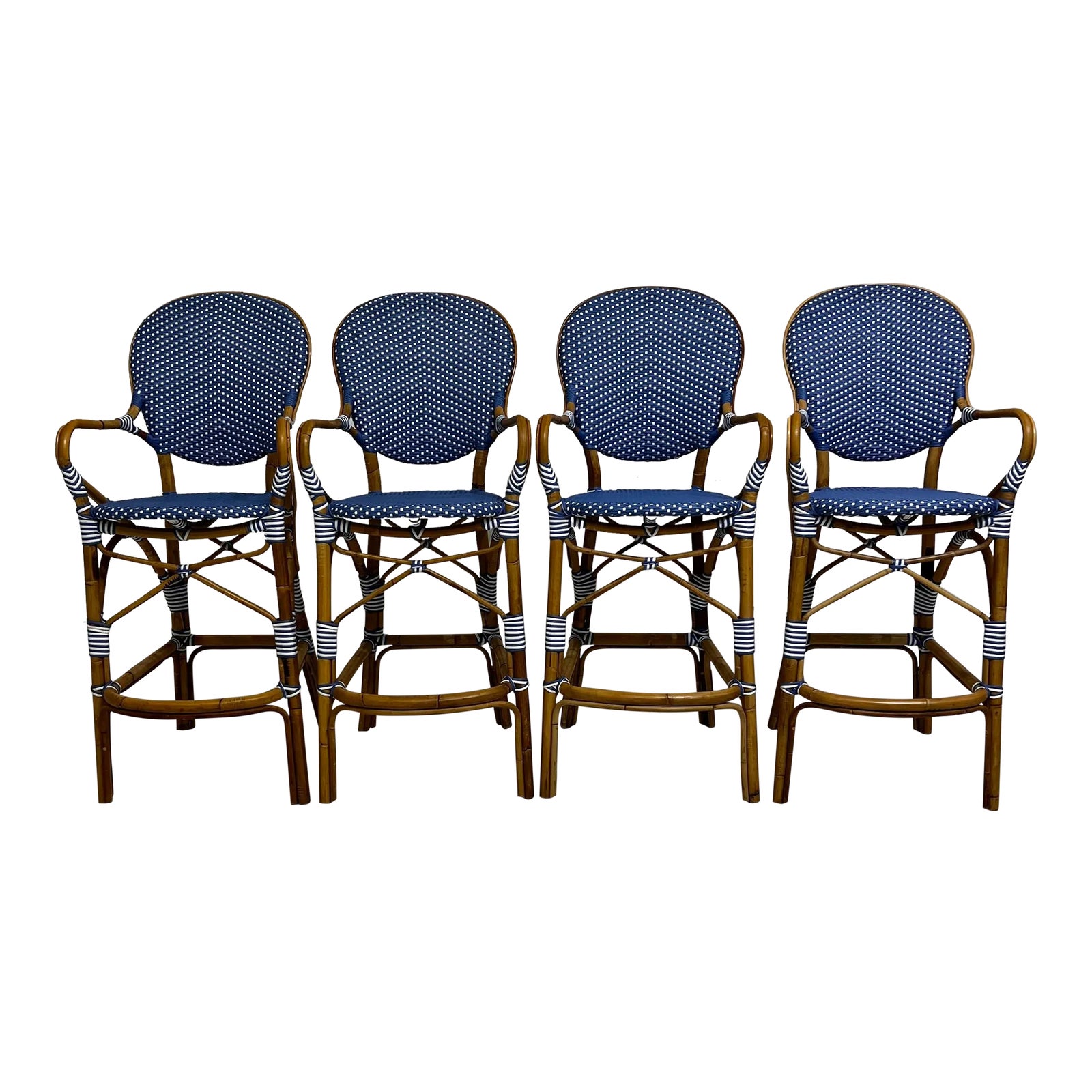 Frontgate French Bistro Natural Cane Rattan Bar Kitchen Stool Set of 4 ...