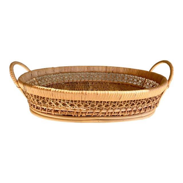 Vintage Mid-Century Rattan & Bamboo Tray Basket | Chairish