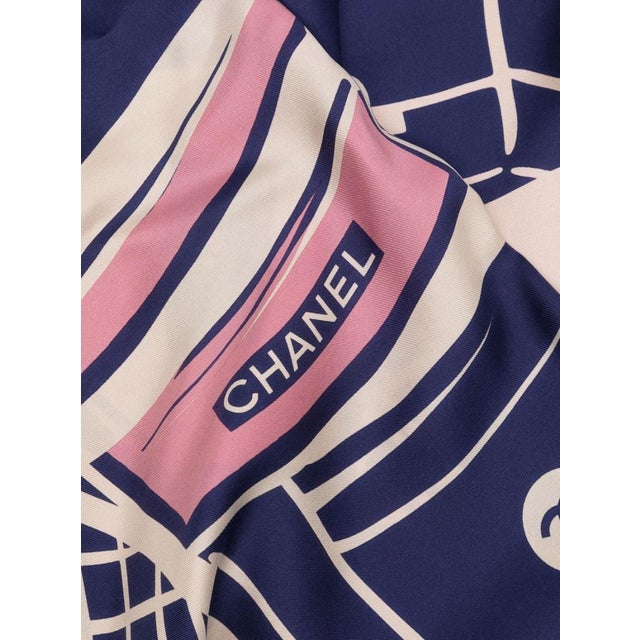 Chanel Navy Luggage Motif Silk Scarf | Chairish