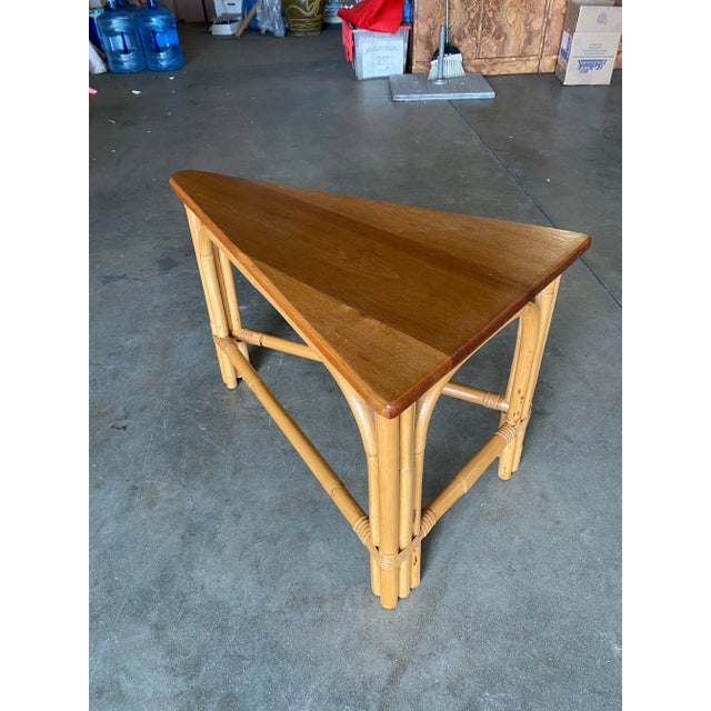Restored Rattan "Pizza Slice" Corner Side Table With Mahogany Tabletop ...