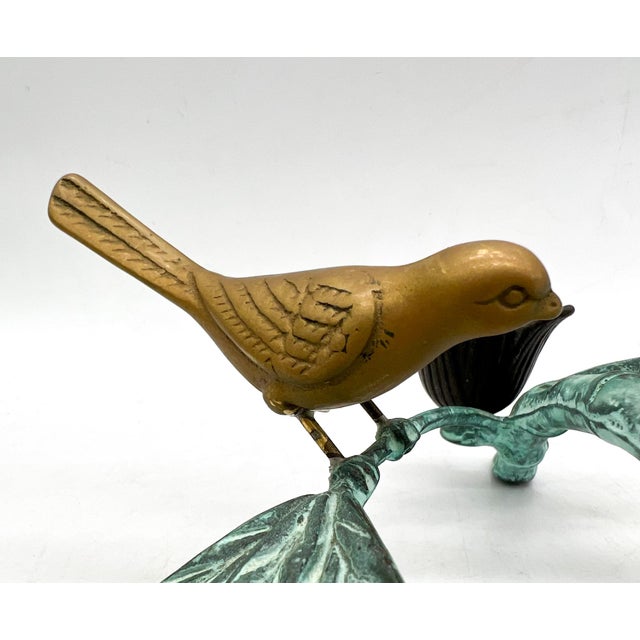 Vintage Verdigris Brass Birds on Bamboo Figurine and Flower Frog by ...