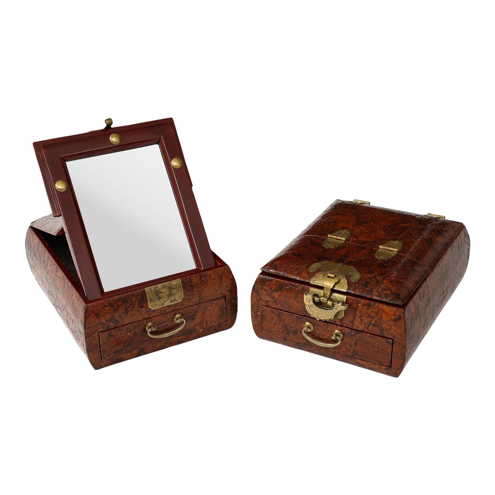 1950's Burl-wood Chinese Jewelry Boxes With Mirror - Set of 2 | Chairish