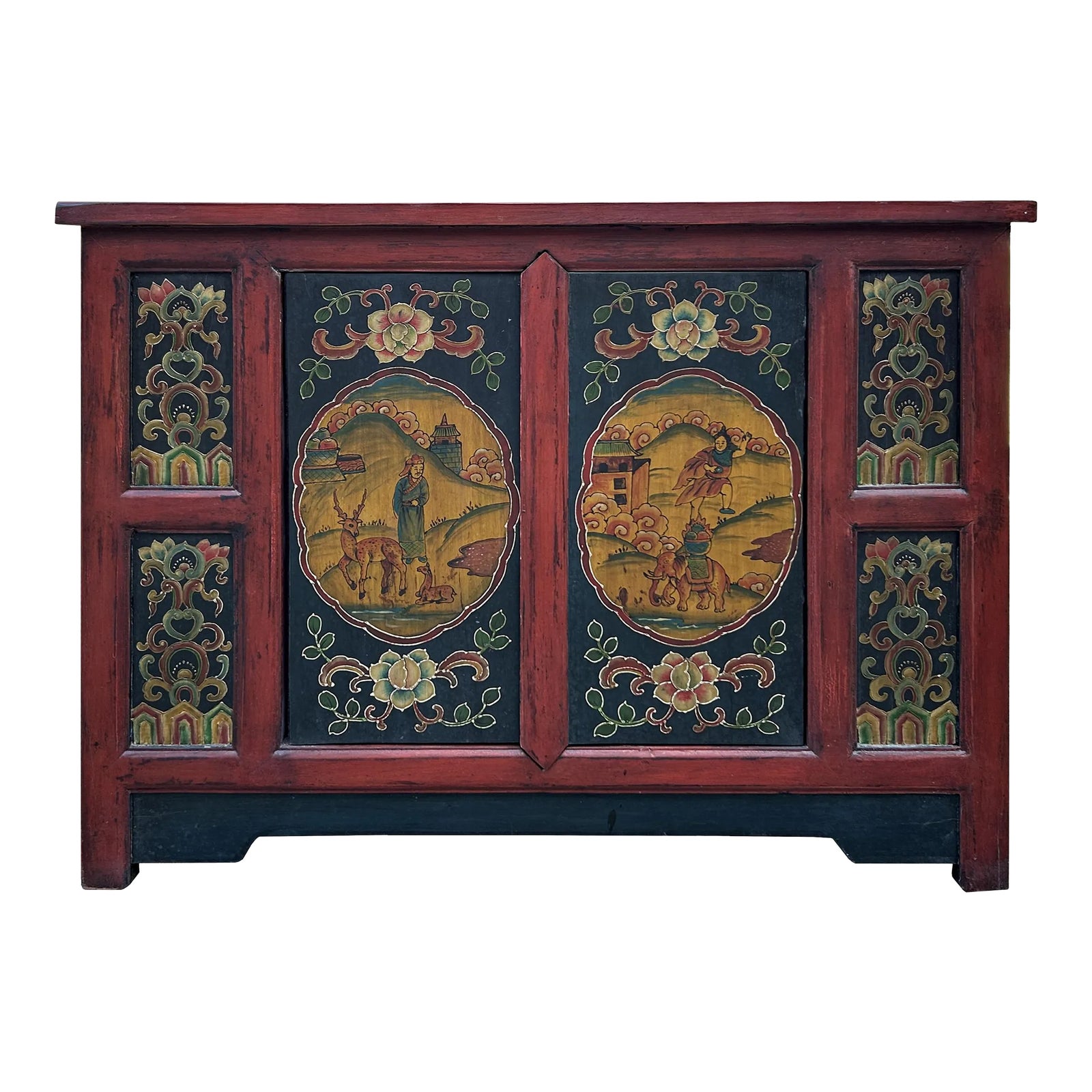 Chinese Red Tibetan Elephant Deer Sideboard Console Table Cabinet ...