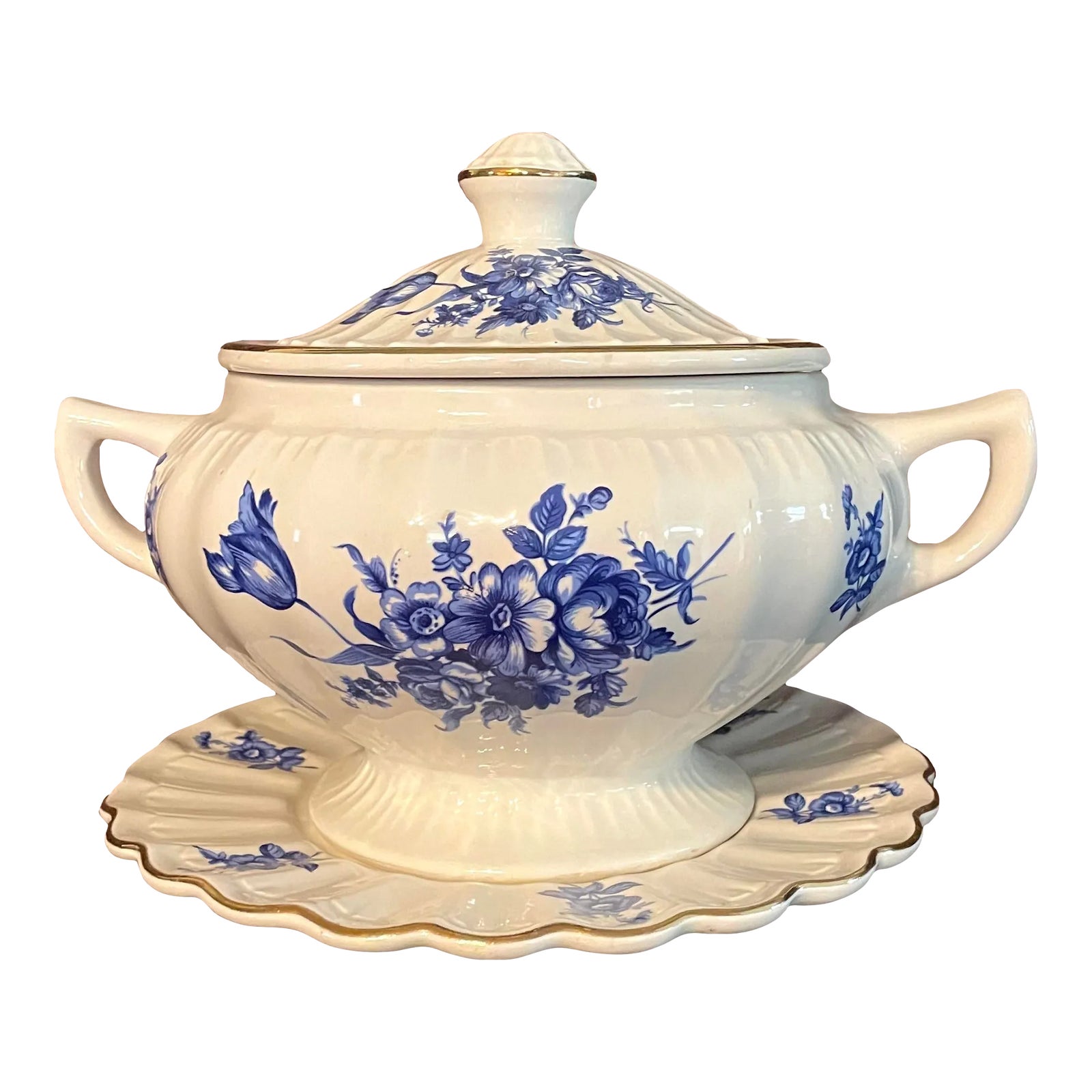 Blue and White Ceramic Soup Tureen With Lid and Dish | Chairish