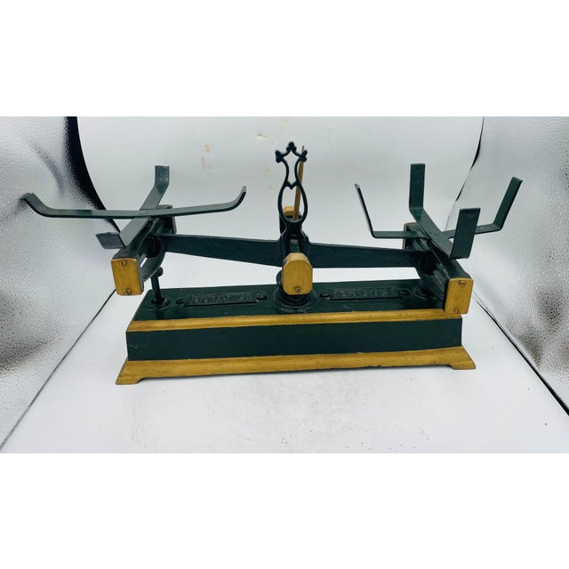 Antique French Iron Scale With Brass Trays and 7 Weights | Chairish