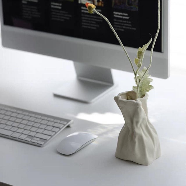 Handmade Wrinkled White Ceramic Vase | Chairish