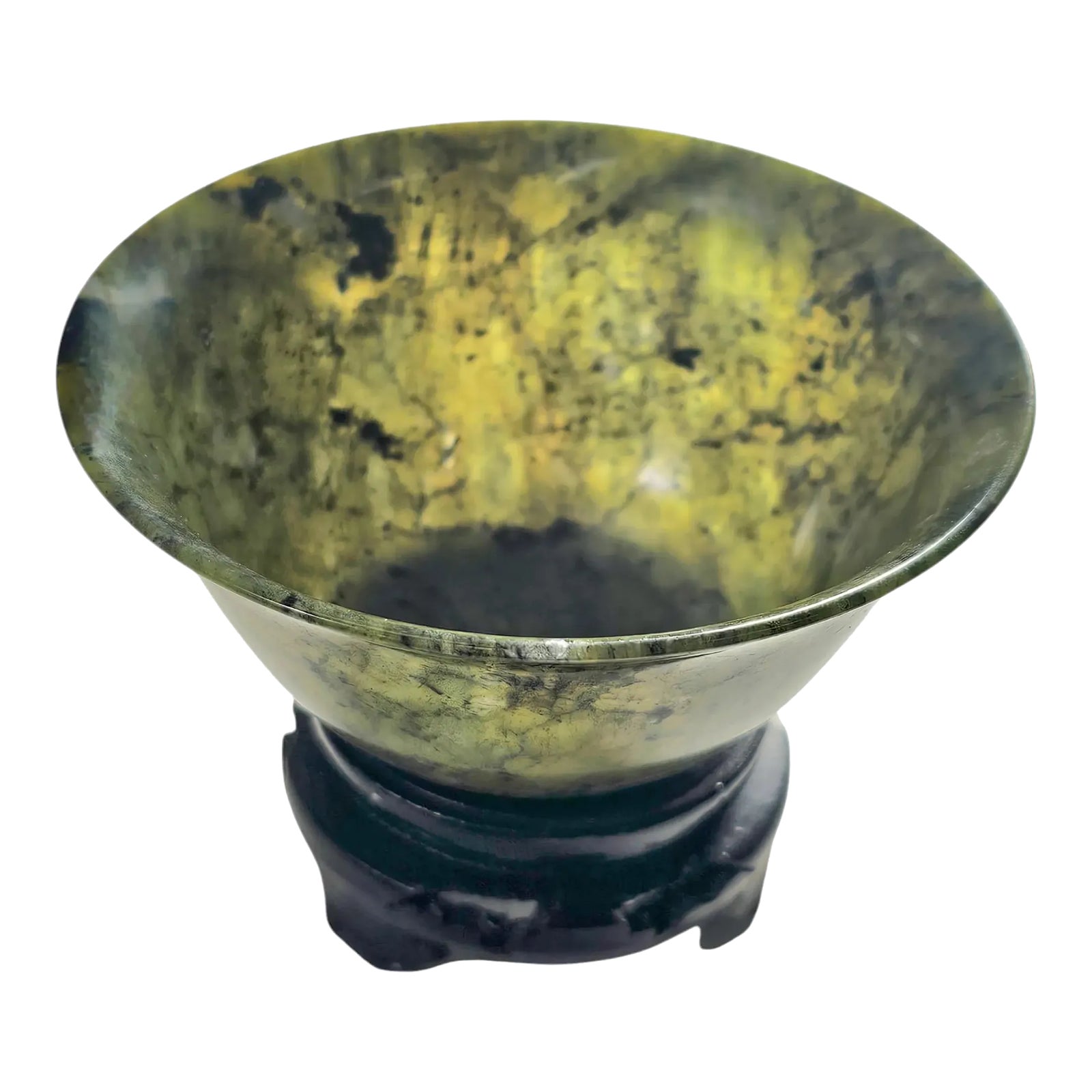 Chinese Green Jade Bowl W/ Carved Wood Stand | Chairish