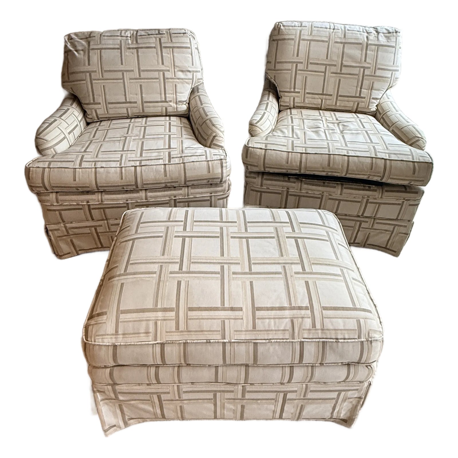 Pair of Down Filled Club Chairs and Ottoman | Chairish