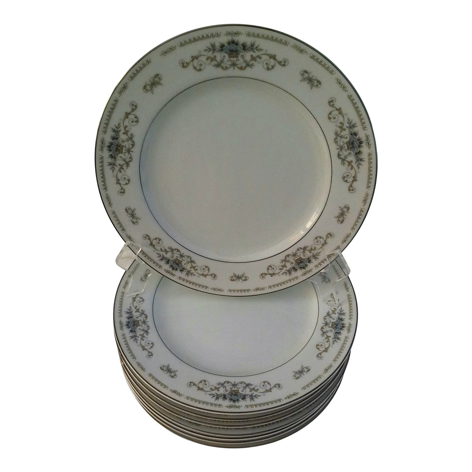 1980s Diane Blue Silver Floral Dinner Plates, Set of 8 | Chairish
