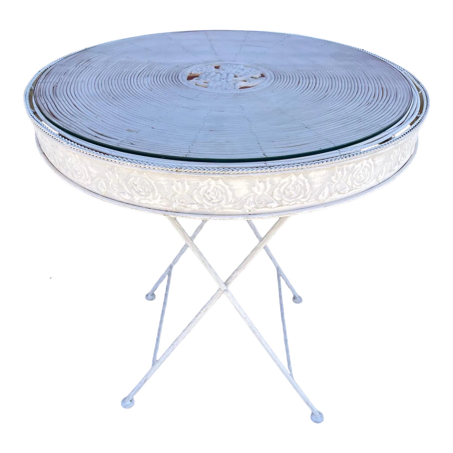 Vintage Wrought Iron Glass Top & Pencil Reed Garden Table | Chairish