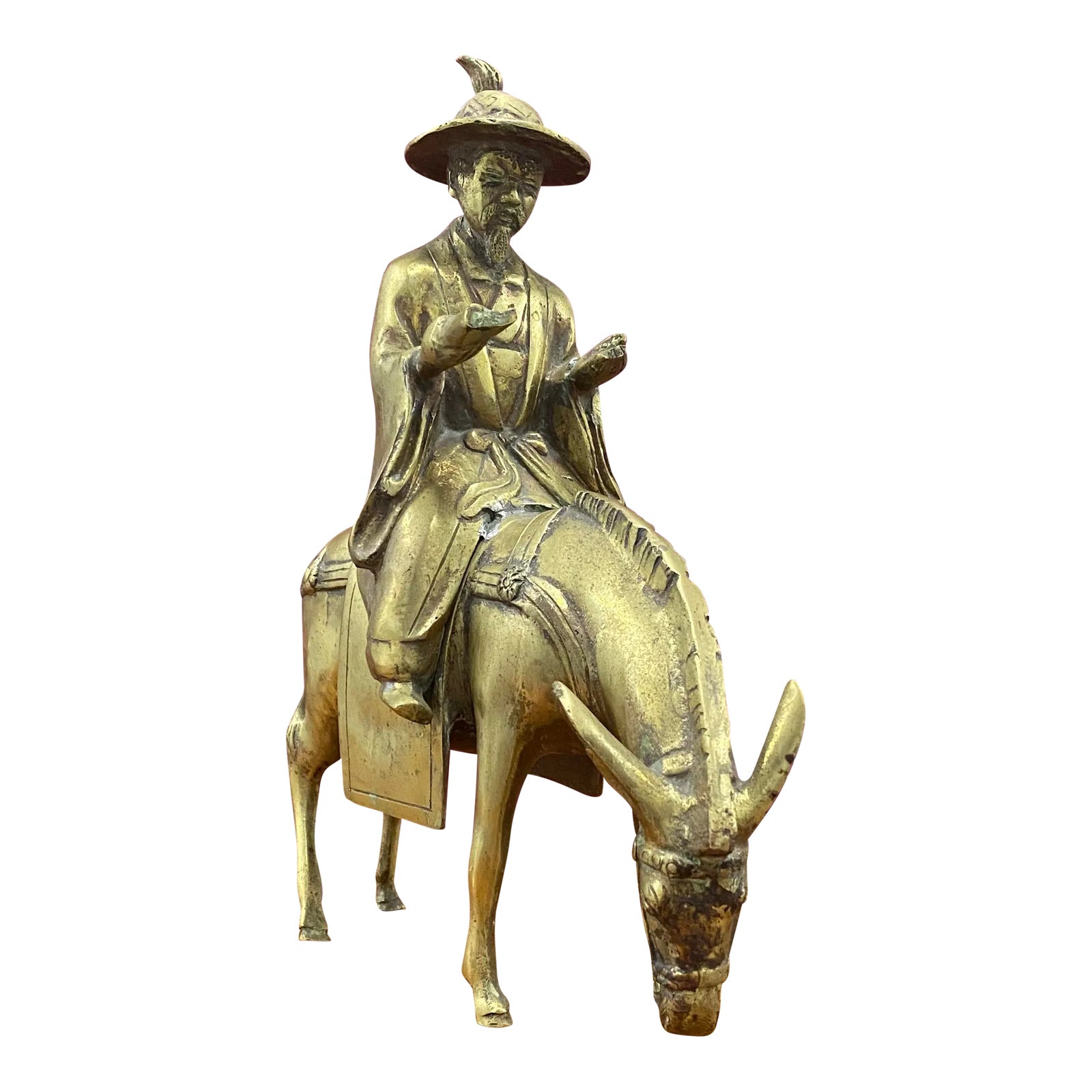 Early 20th Century Chinese Iron Bronze Gilt Man Scholar Riding a Horse ...