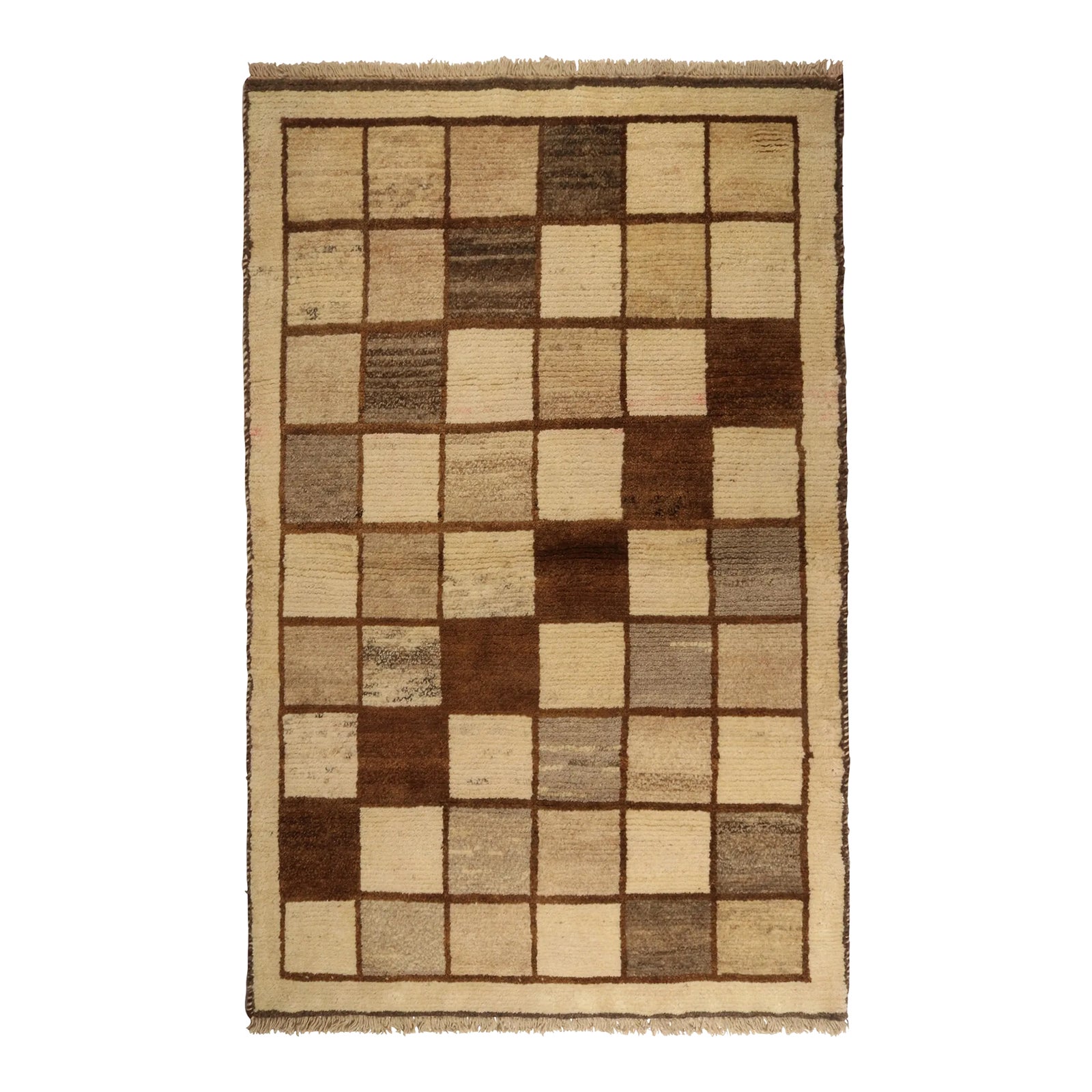 1950s Vintage Gabbeh Rug in Beige, Brown and Gray Square Geometric ...