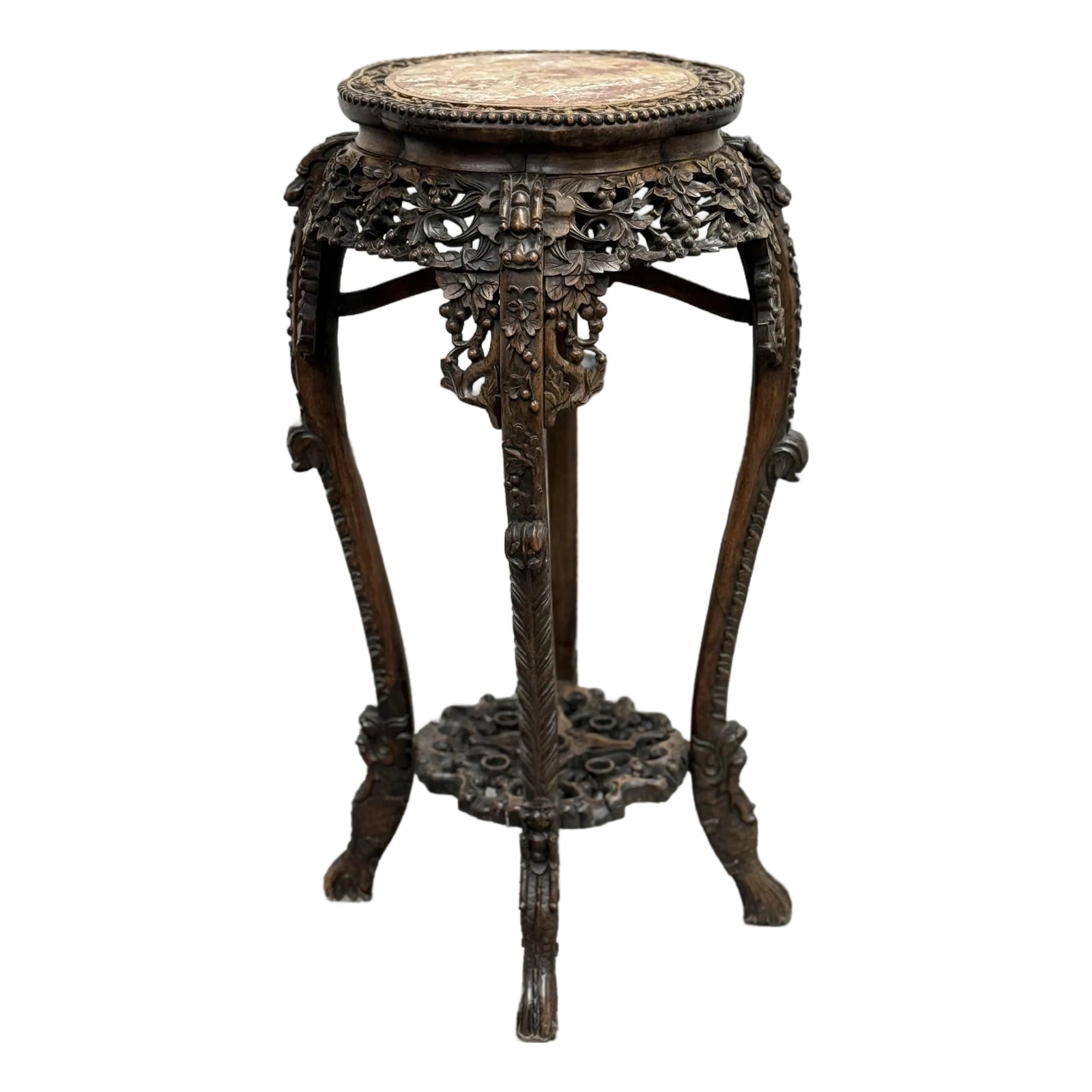Antique Chinese Carved Wood + Marble Inset Tabaret | Chairish