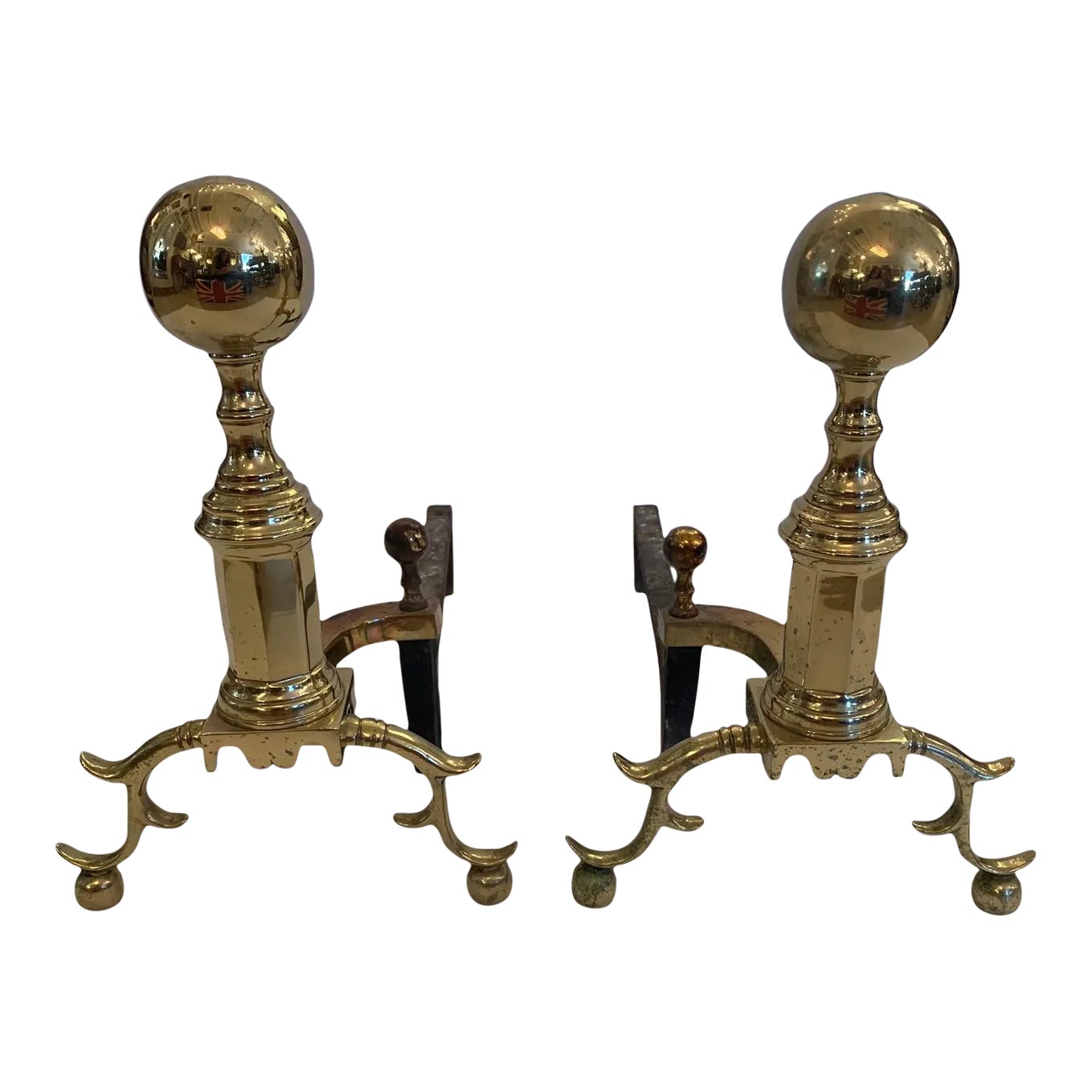 Cast Brass Cannonball Designed Vintage Andirons -A Pair | Chairish