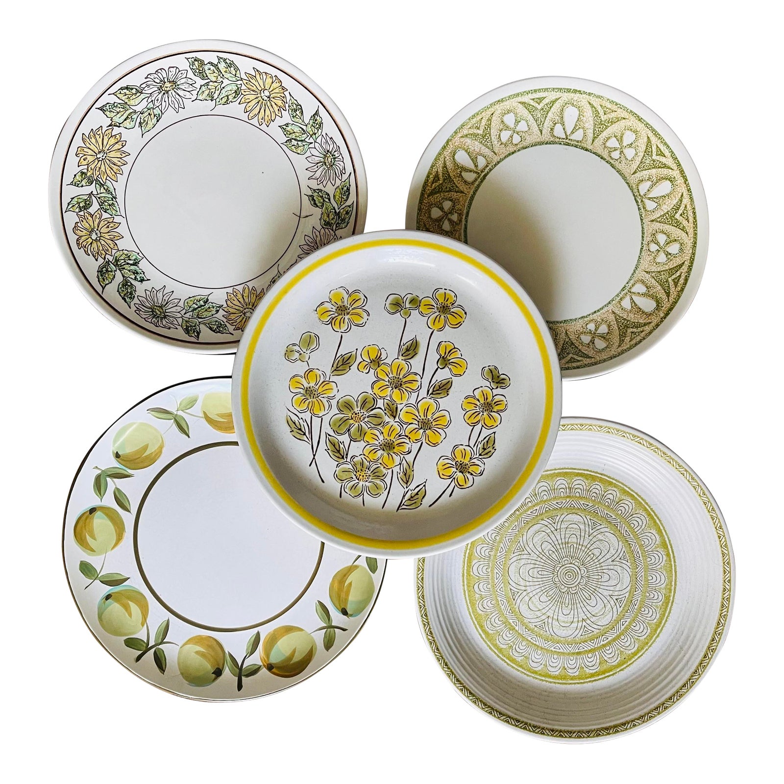 Mixed Set of 5 Vintage Green Stoneware Dinner Plates | Chairish