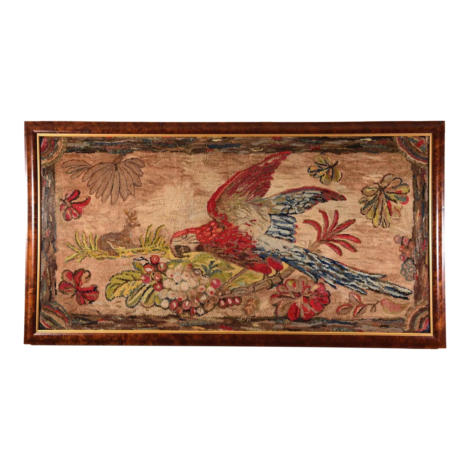 Antique American Large Framed Scarlet Macaw Hand Hooked Rug | Chairish