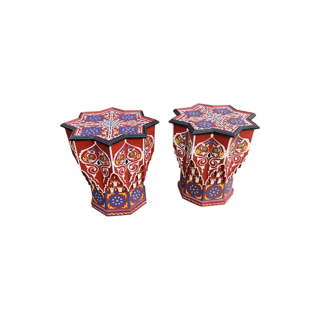 Late 20th Century Moroccan Large Hand Painted Carved Star Tables, Multi ...