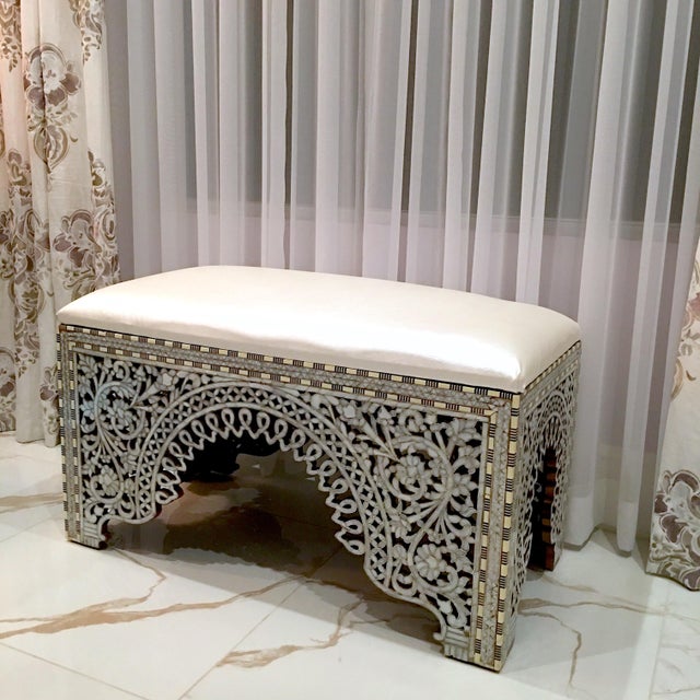 1990s Vintage White Mother of Pearl Inlaid Bench | Chairish