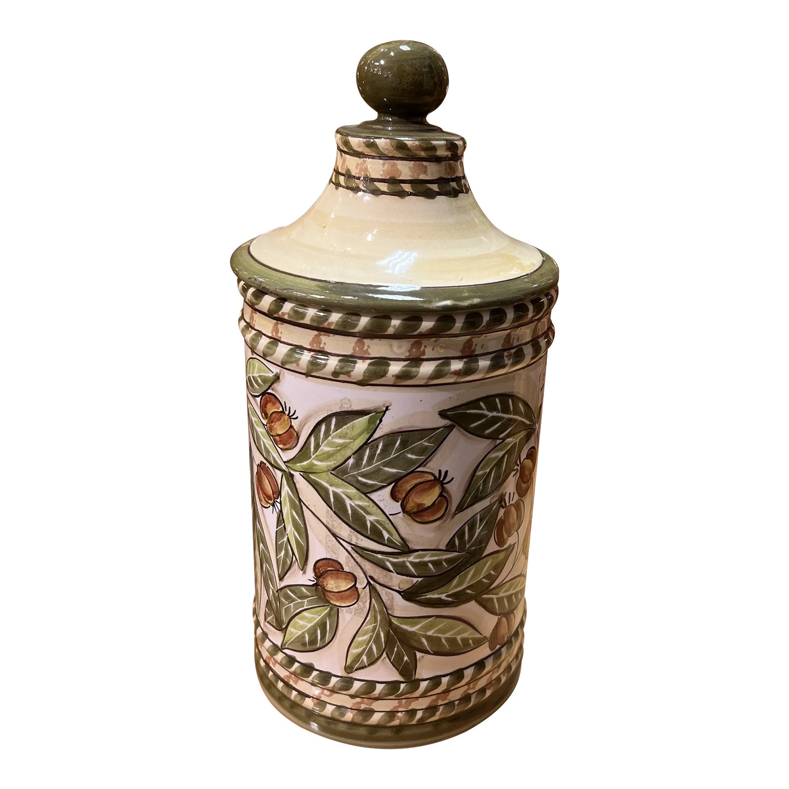 Italian Hand Painted Ceramic Canister With Lid in Ivory and Olive-Green ...