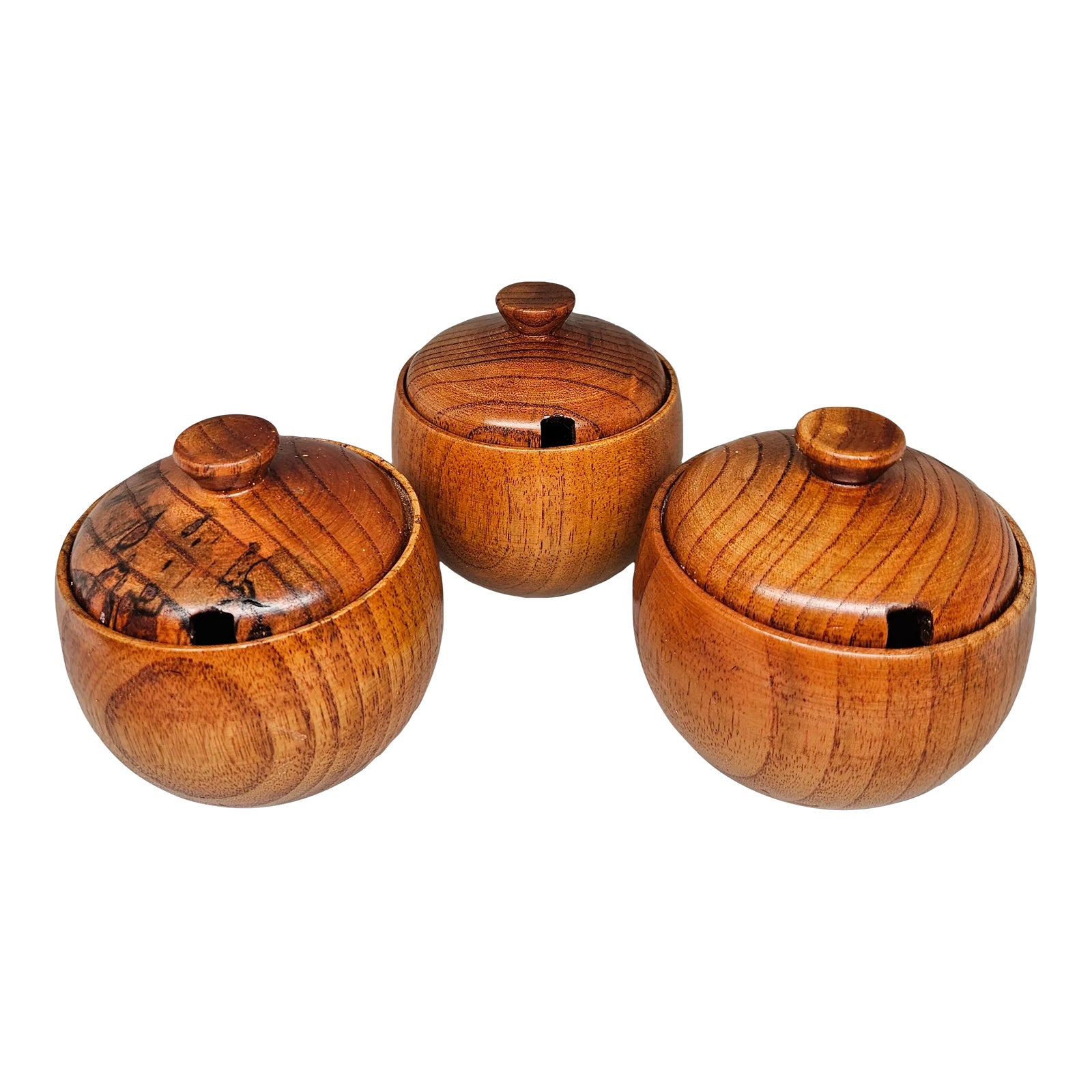 MCM Jujube Wood Salt and Condiment Jars With Lids (Set of Three) | Chairish