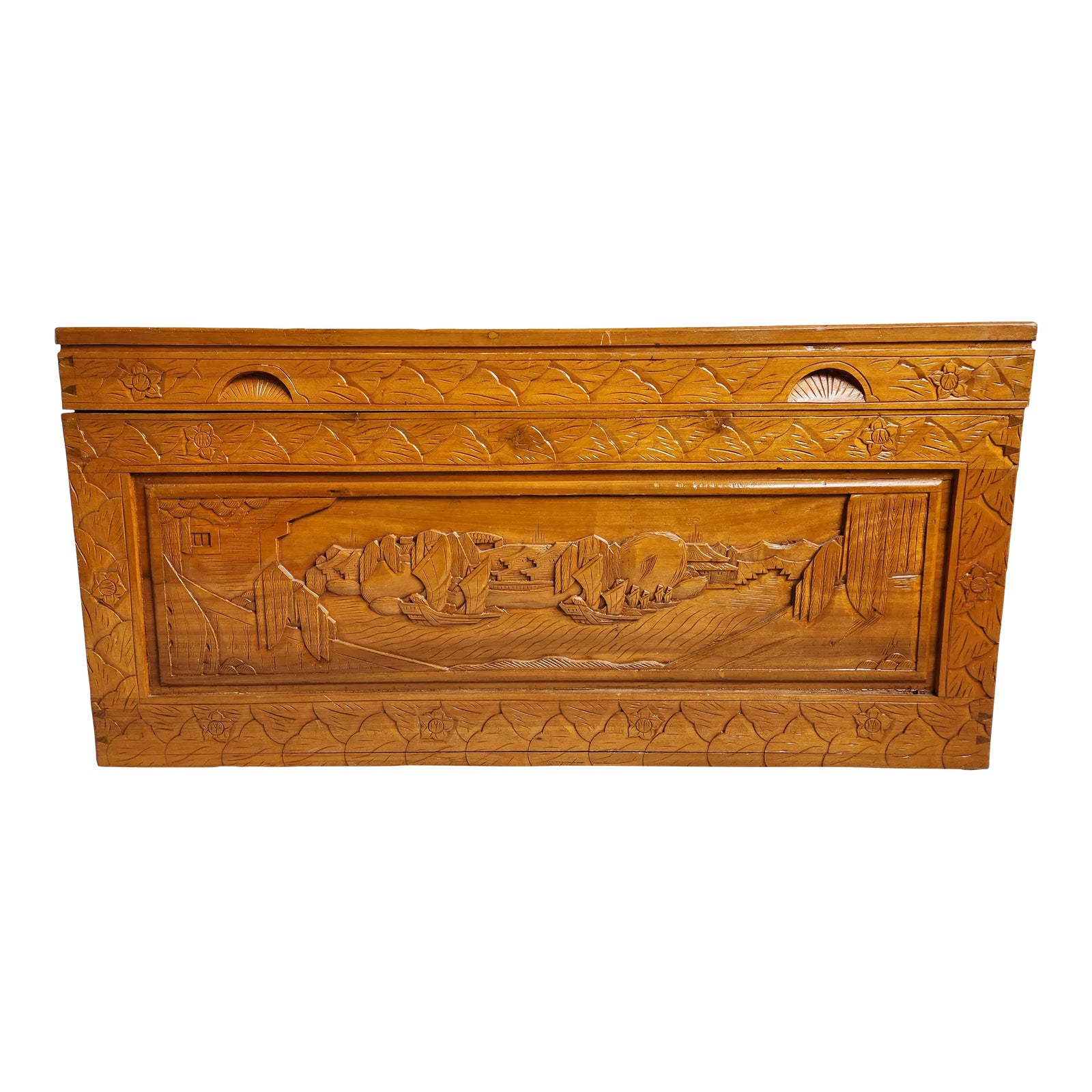 Mid 20th Century Asian Hand Carved Wooden Trunk - Hope Chest | Chairish