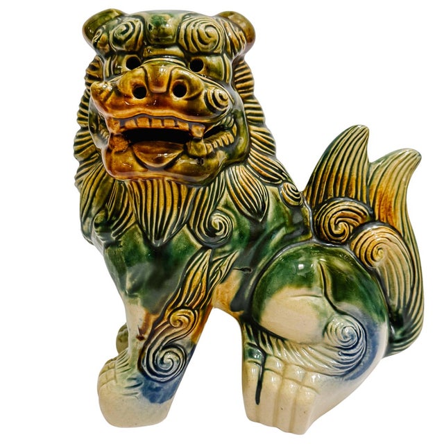 Pair of Mid 20th Century Chinese Green & Blue Glazed Ceramic Foo Dog ...
