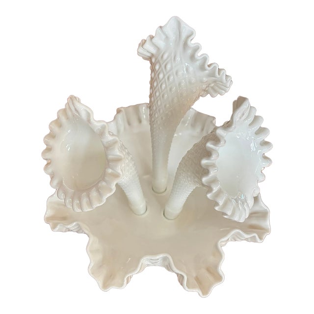 Vintage Hobnail Milk Glass Three Horn Vase And Bowl Epergne Chairish