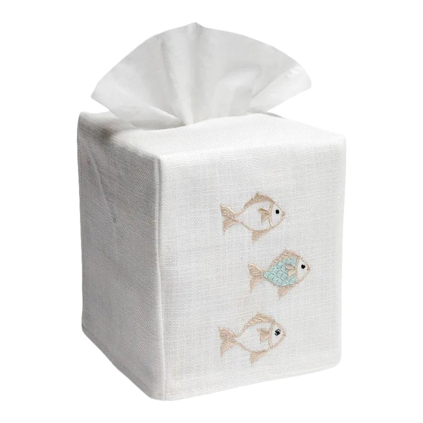 Aqua/Beige School of Fish Tissue Box Cover in White Linen & Cotton ...
