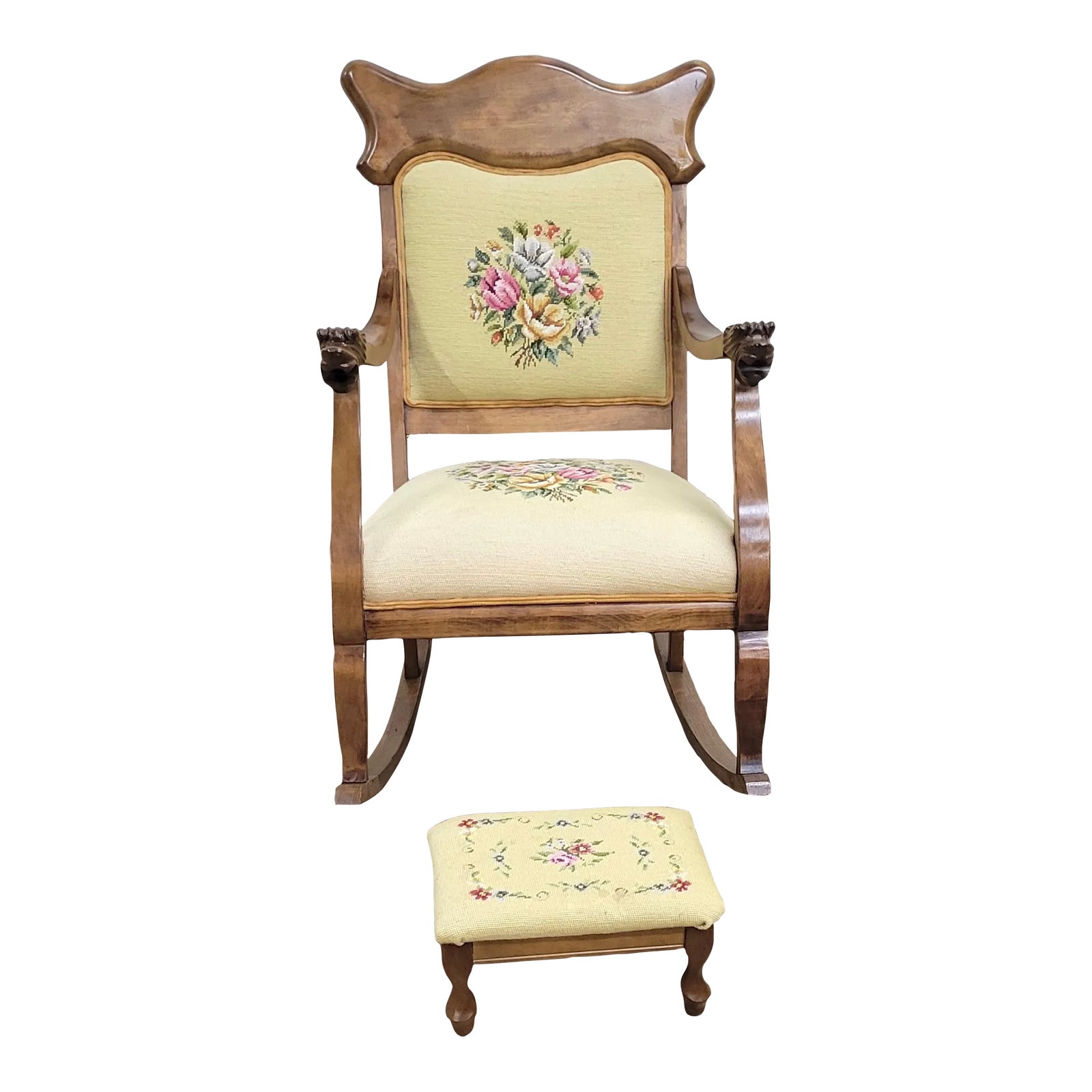 Vintage Victorian Style Needlepoint Carved Lion Head Rocker With ...