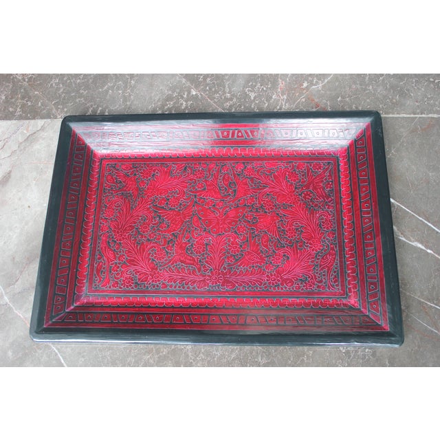 Red & Black Hand-Carved Wooden Tray | Chairish