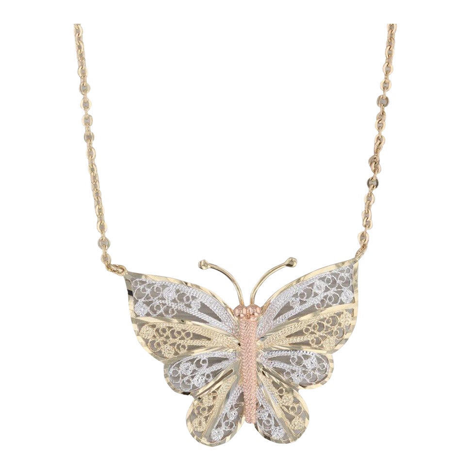 Filigree Butterfly Pendant Necklace 14k Yellow Rose White Gold 16.75 ...