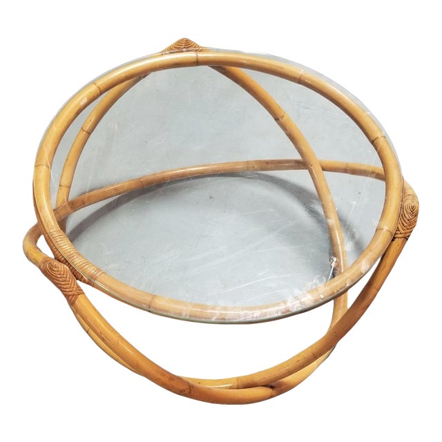 1950s Restored Rattan Gyroscope Shaped Glass Coffee Table | Chairish