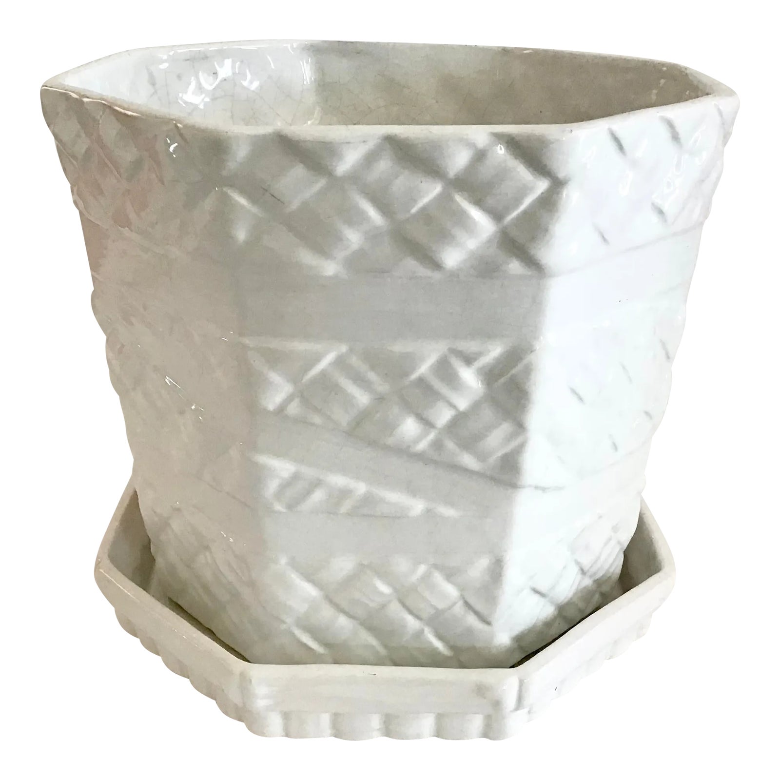 Large Hexagonal White Cachepot With Plate | Chairish