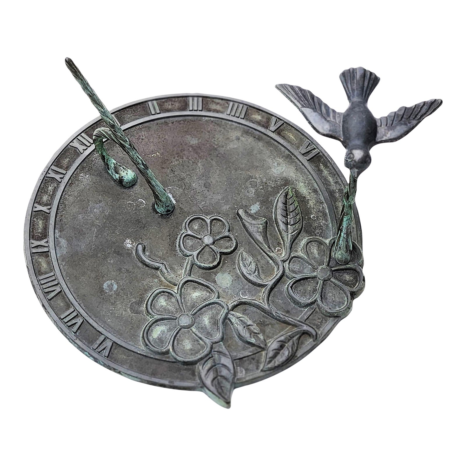 Vintage Metal Sundial Ornate Garden Clock With Bird, Flowers and Roman ...