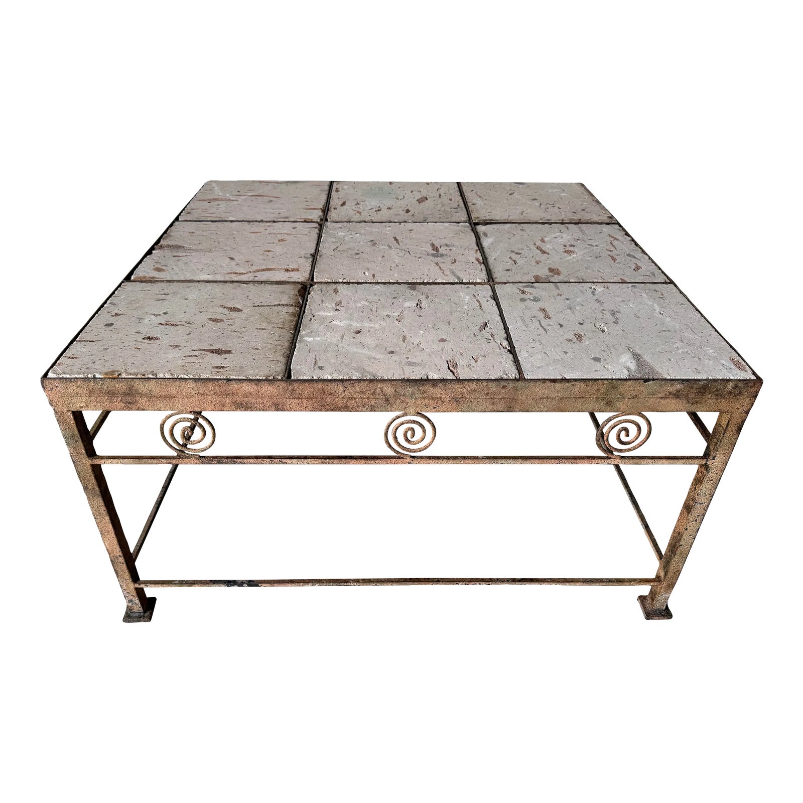 Vintage Organic Metal Coffee Table With Limestone Tile Inserts | Chairish