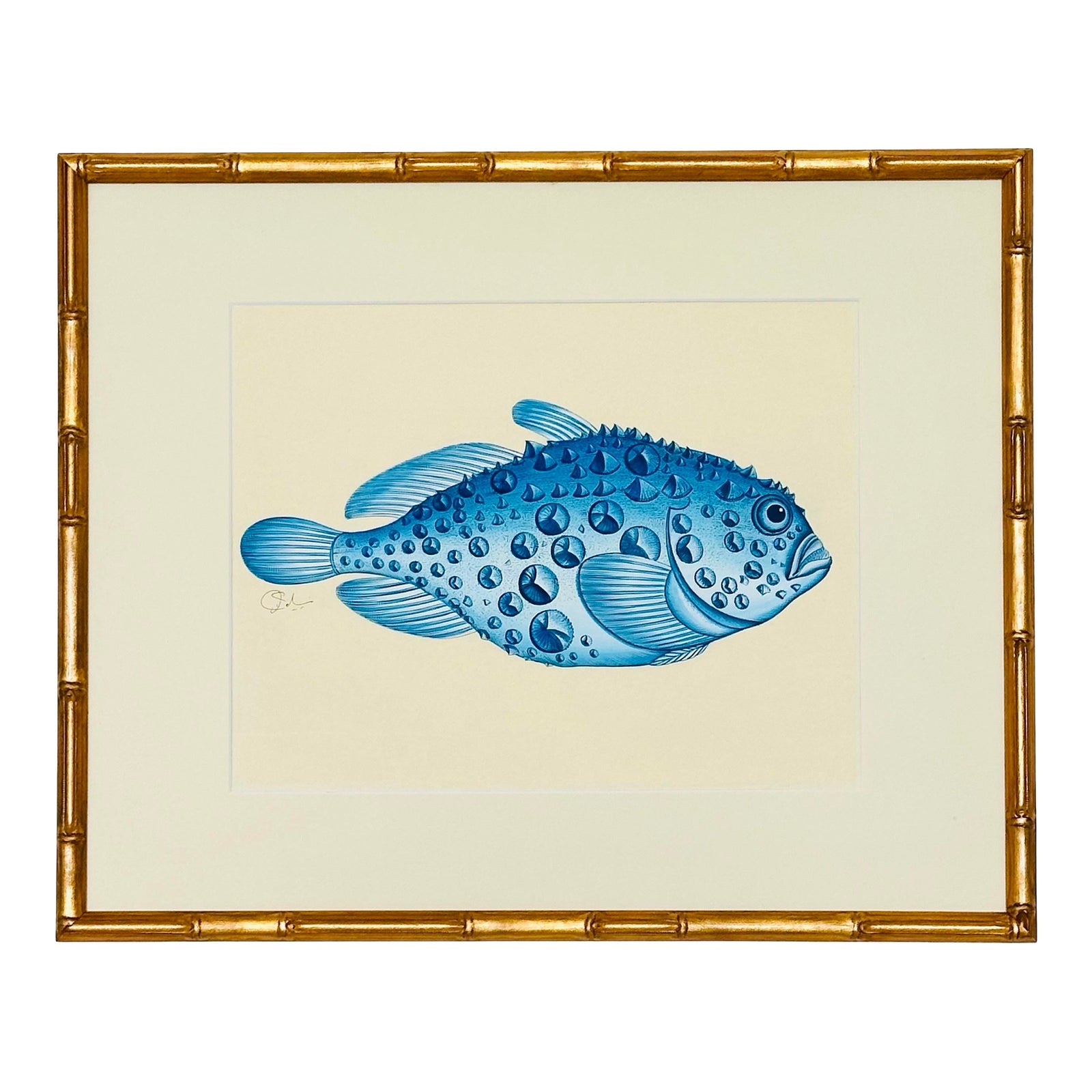 Large Size Original Hand-Painted Blue Fish Painting, Framed | Chairish
