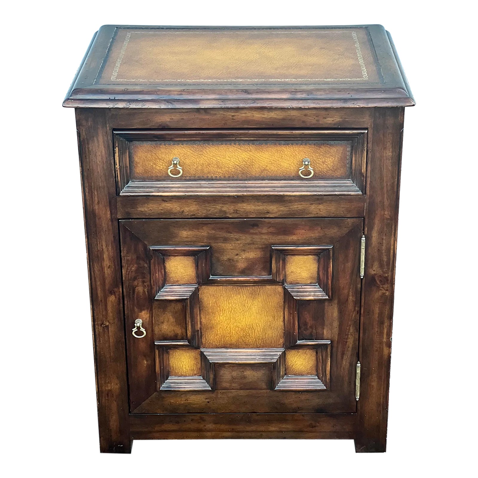 John Richards Fine Furniture Leather Embossed Jacobean Cabinet | Chairish