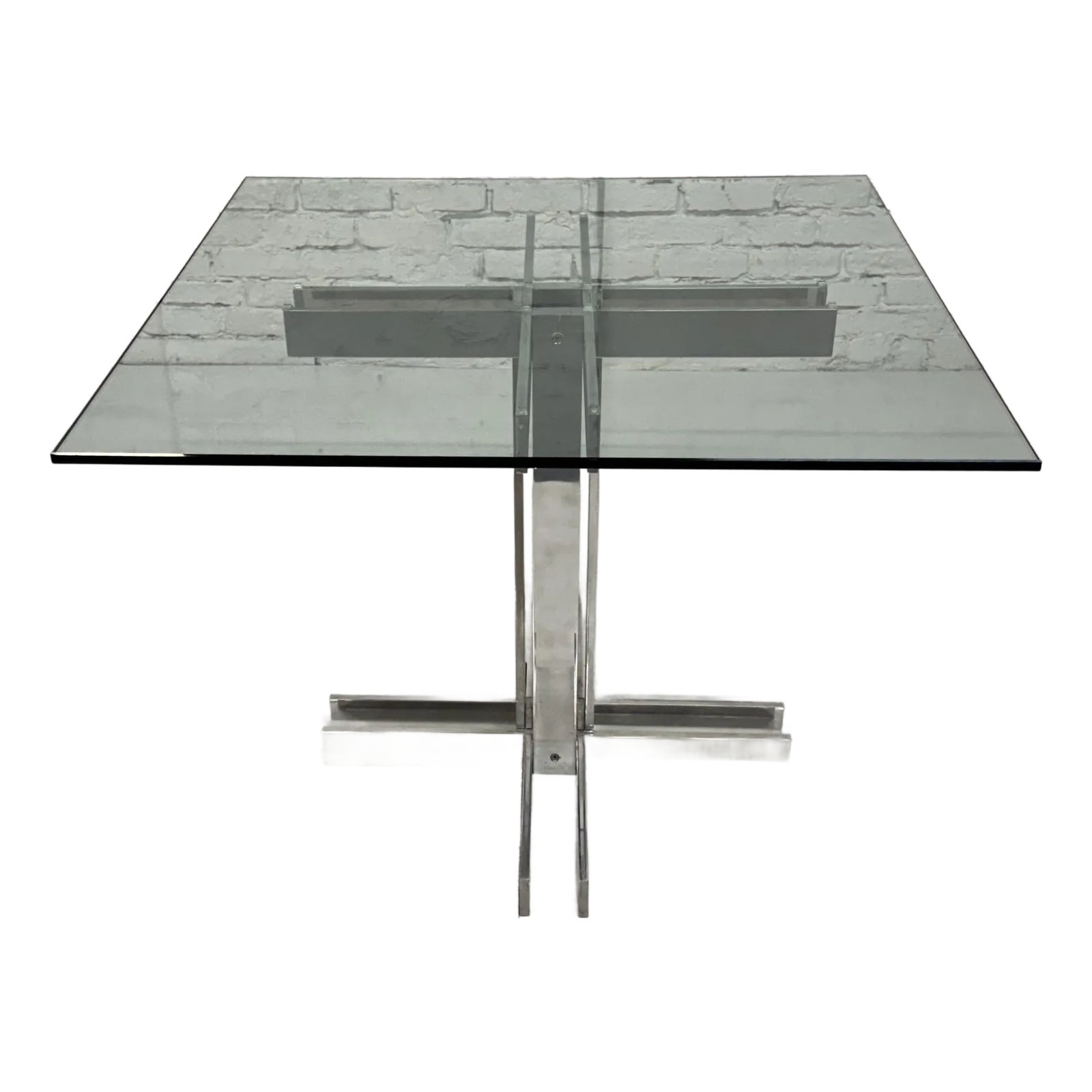 MCM Polished Aluminum Geometric Table Base With Square Glass Top | Chairish